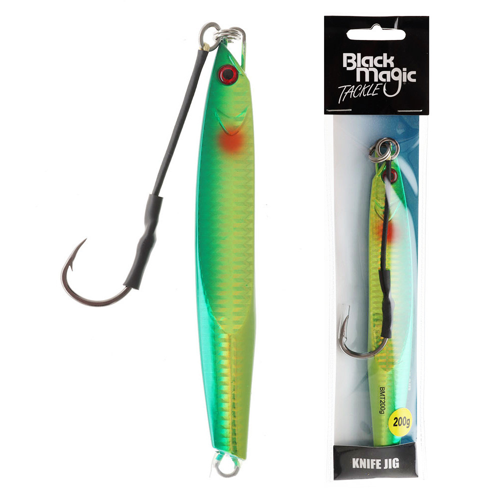 Buy Black Magic Flutter Slow Pitch Jig 200g UV Green/Gold online at Marine-Deals.com.au